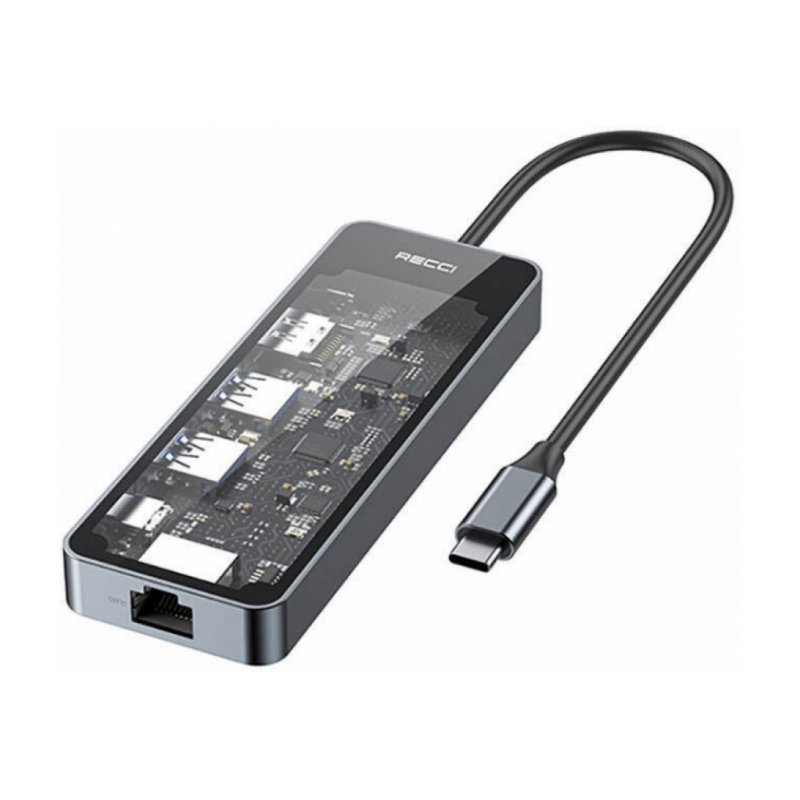 Recci RH17 Type-C to Type-C PD100W + USB3.0 + HDMI + Type-C + RJ45 Bağlantılı 6in1 Hub - Gri ...